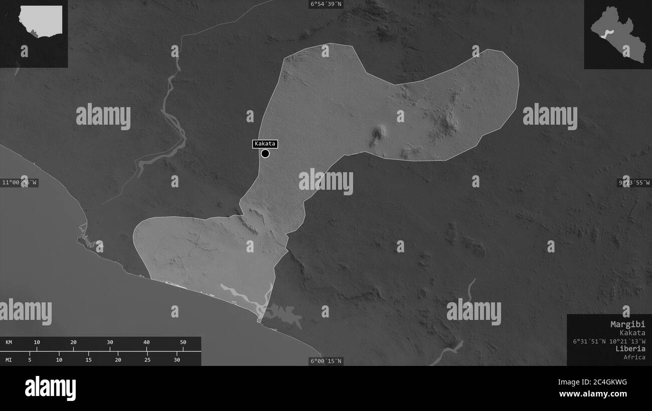 Margibi, county of Liberia. Grayscaled map with lakes and rivers. Shape ...