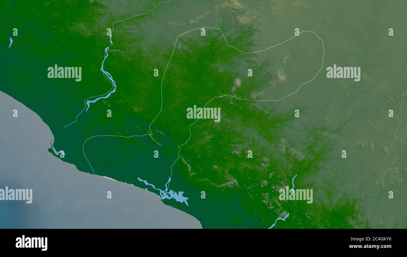 Margibi, county of Liberia. Colored shader data with lakes and rivers ...