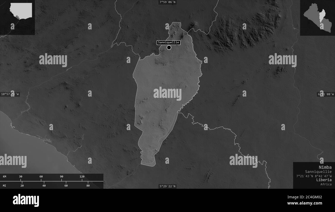 Nimba, county of Liberia. Grayscaled map with lakes and rivers. Shape ...