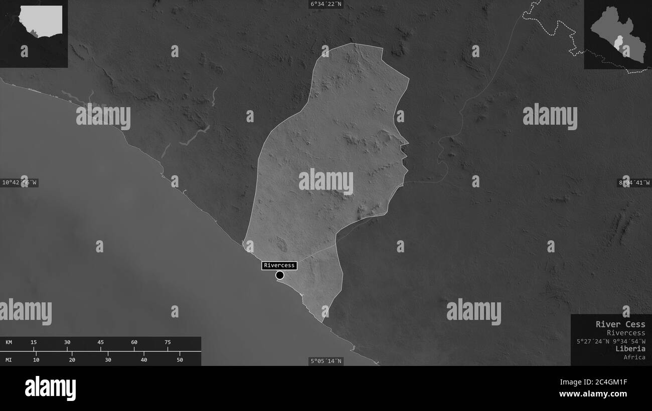 River Cess, county of Liberia. Grayscaled map with lakes and rivers ...