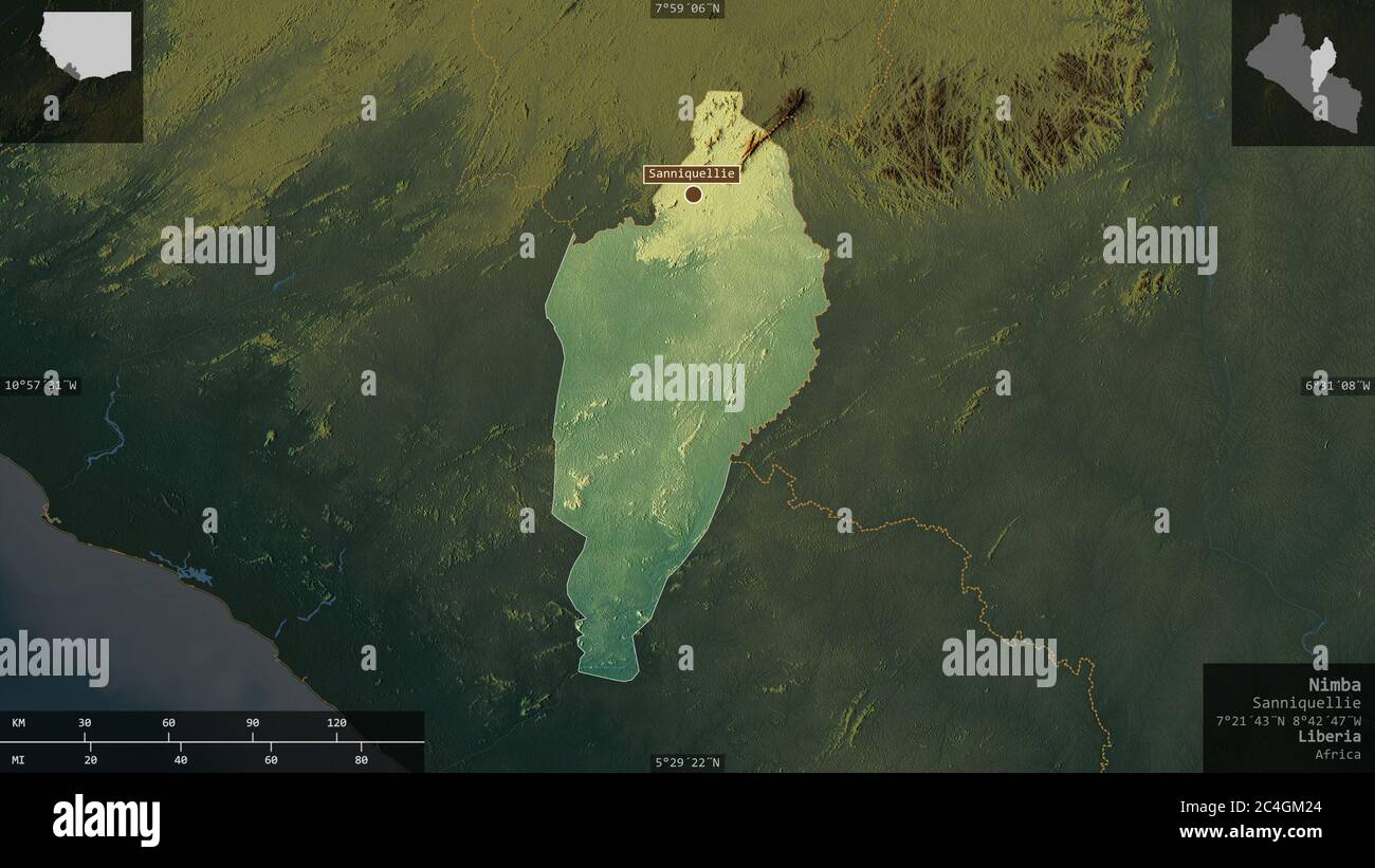 Nimba, county of Liberia. Colored relief with lakes and rivers. Shape ...