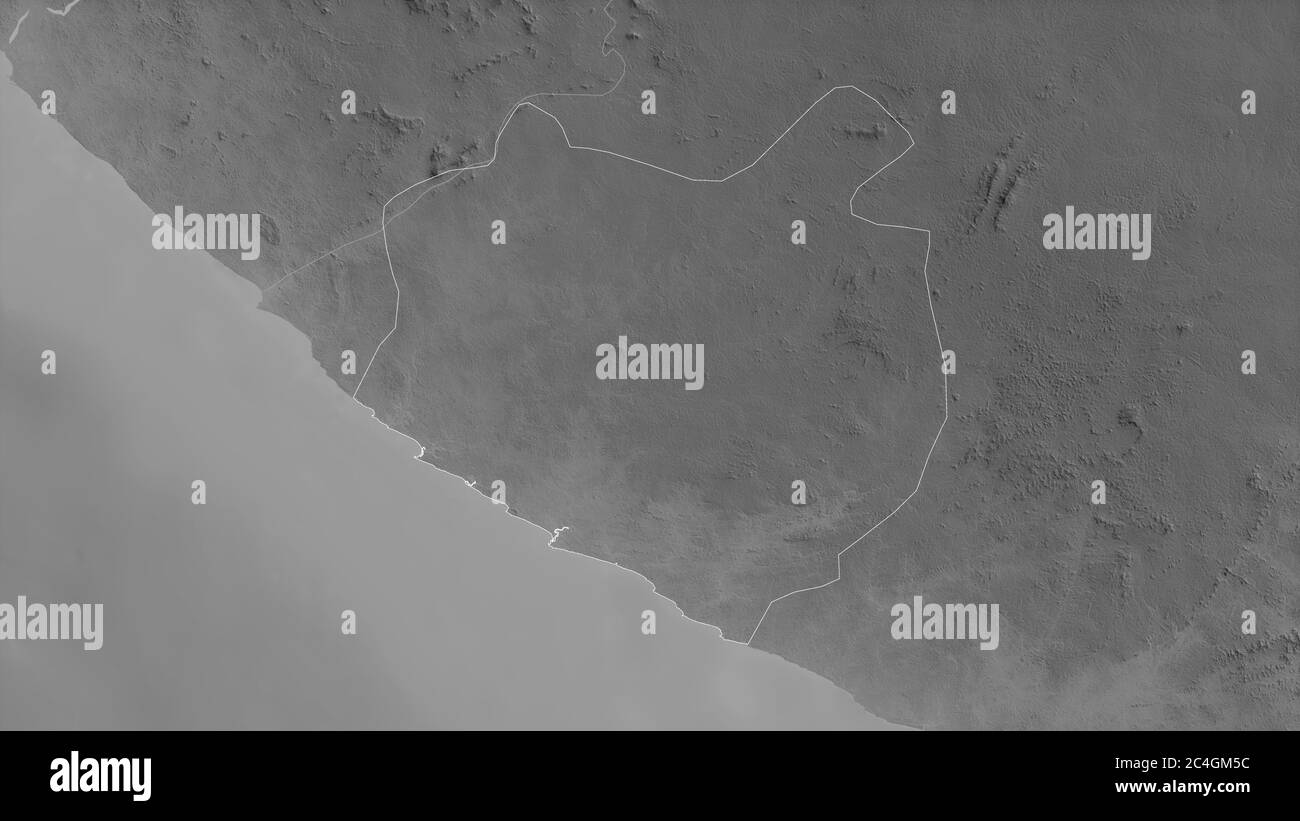 Sinoe, county of Liberia. Grayscaled map with lakes and rivers. Shape ...