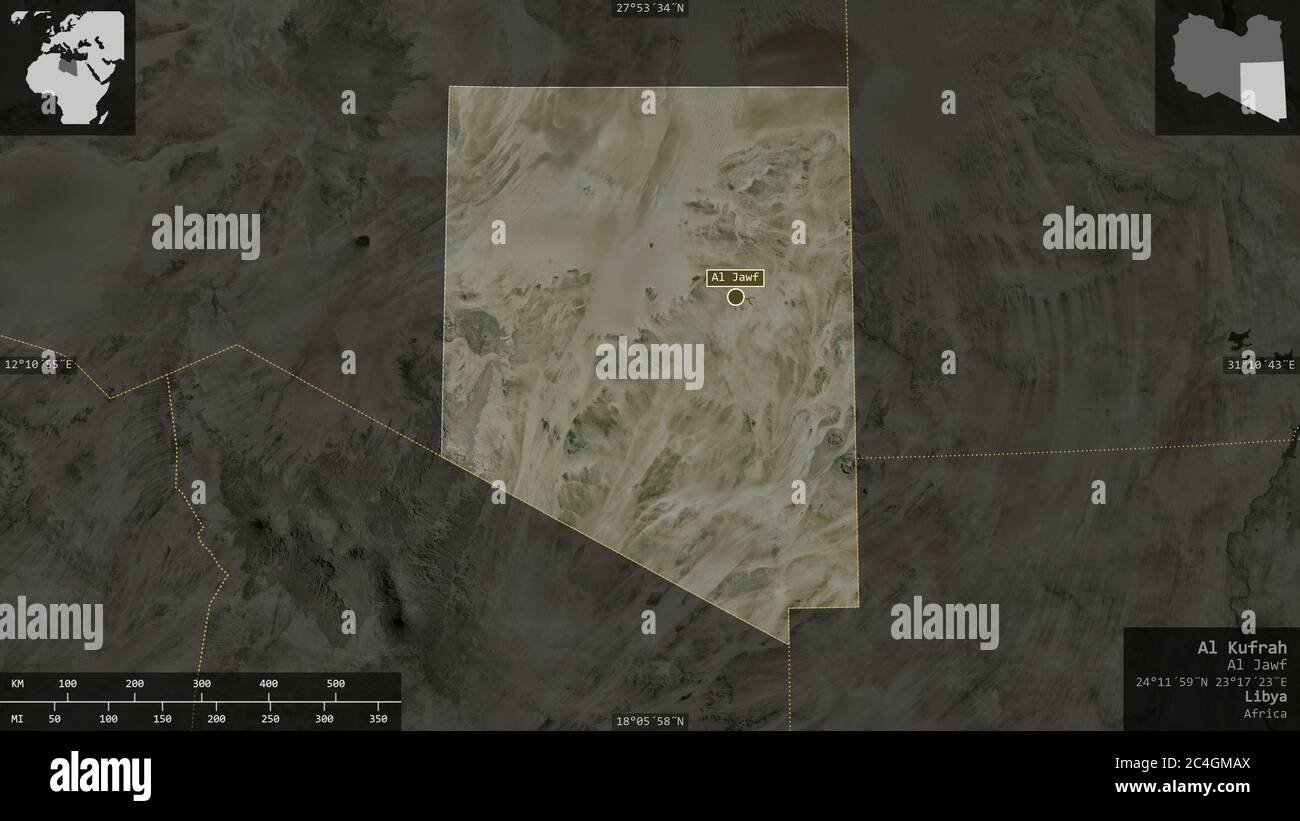 Al Kufrah, district of Libya. Satellite imagery. Shape presented ...