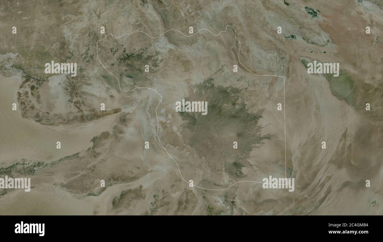 Al Jufrah, district of Libya. Satellite imagery. Shape outlined against ...