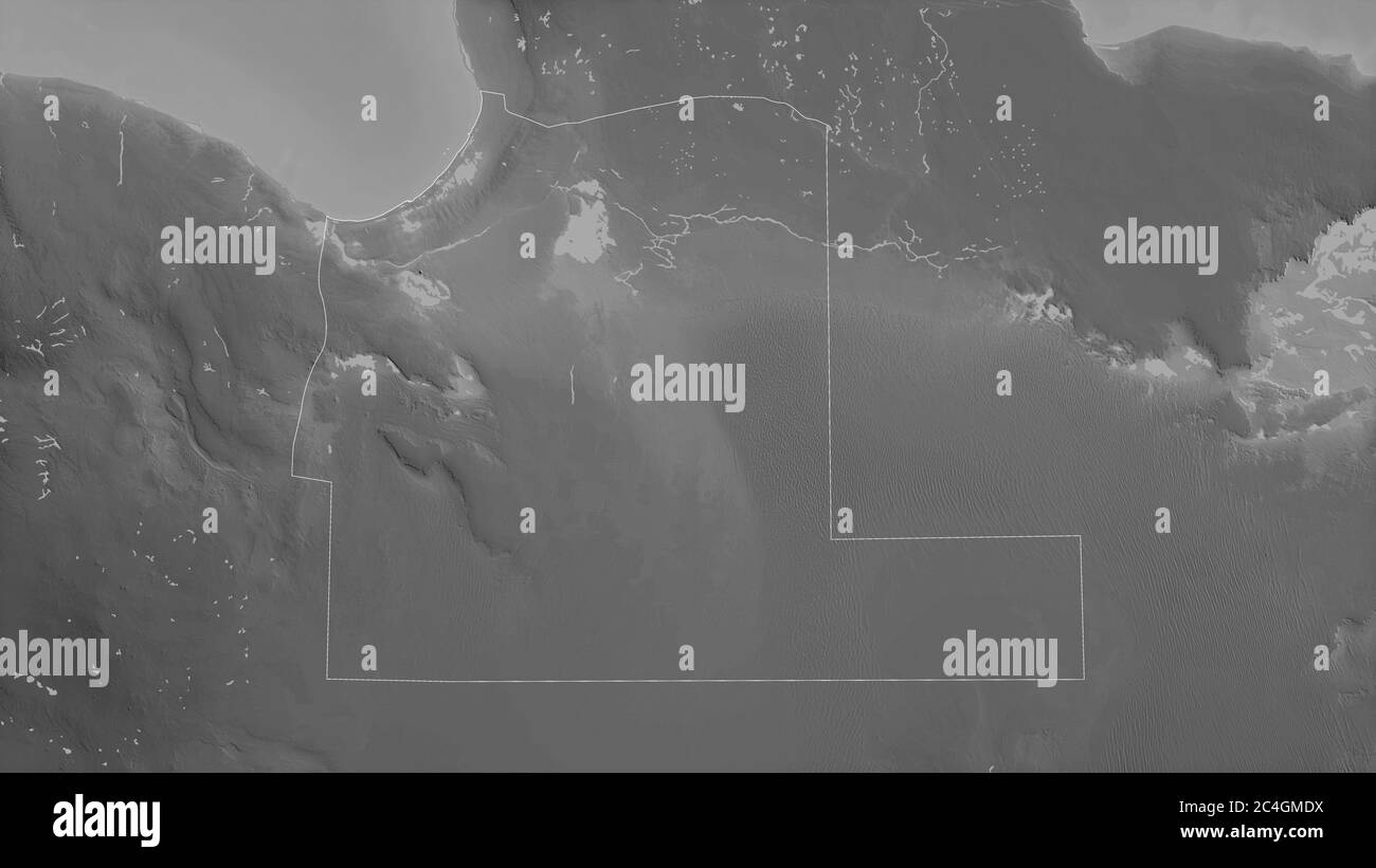 Al Wahat, district of Libya. Grayscaled map with lakes and rivers ...