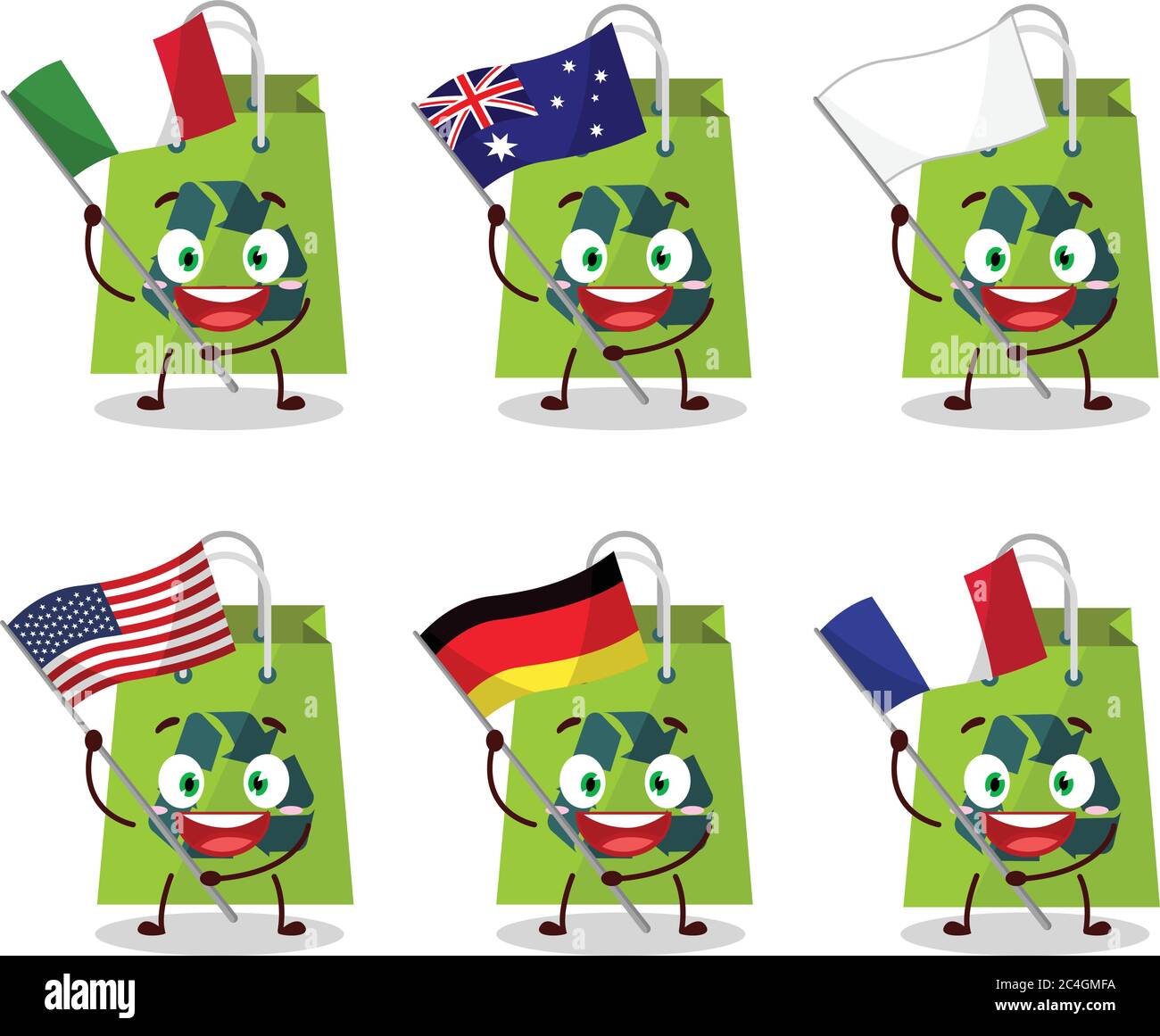 Recycle Bag Cartoon Character Bring The Flags Of Various Countries