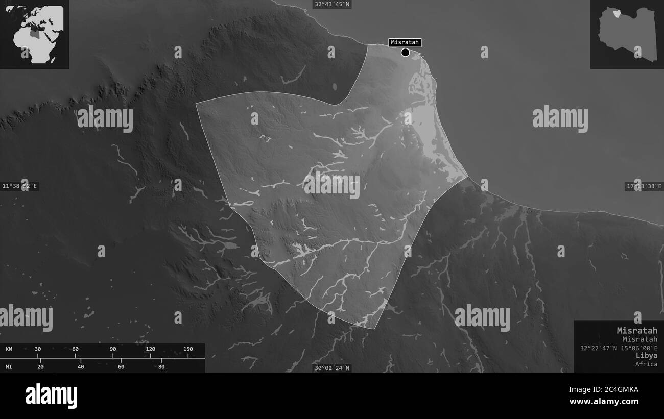 Misratah, district of Libya. Grayscaled map with lakes and rivers ...