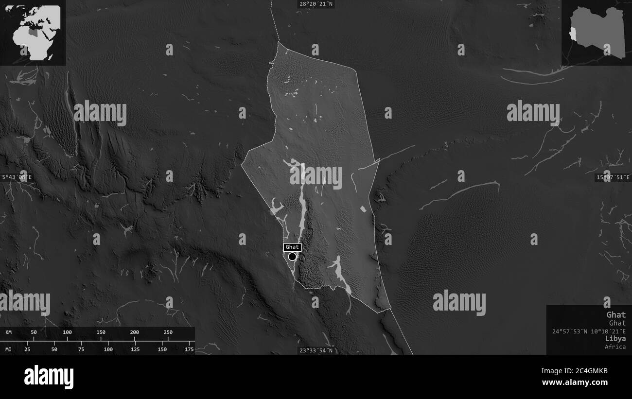 Ghat, district of Libya. Grayscaled map with lakes and rivers. Shape ...
