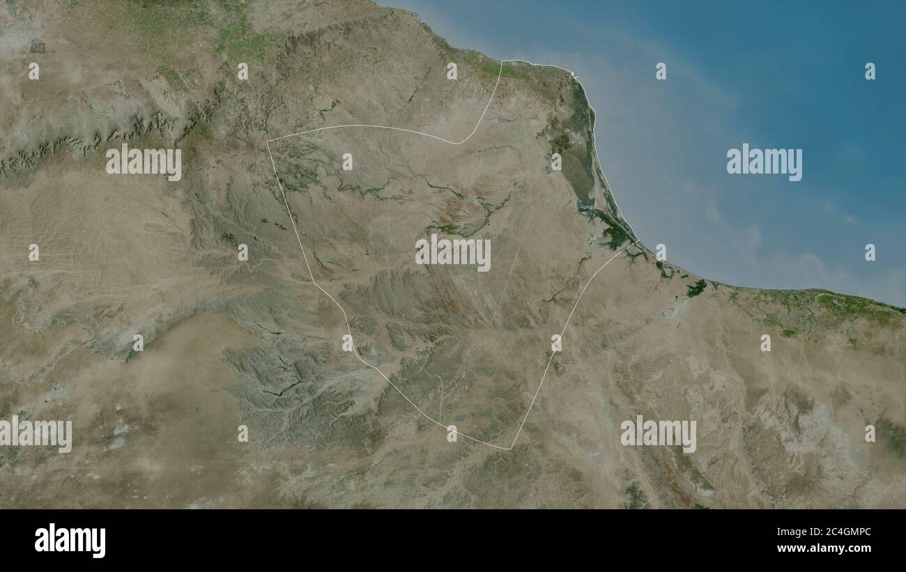 Misratah, district of Libya. Satellite imagery. Shape outlined against ...