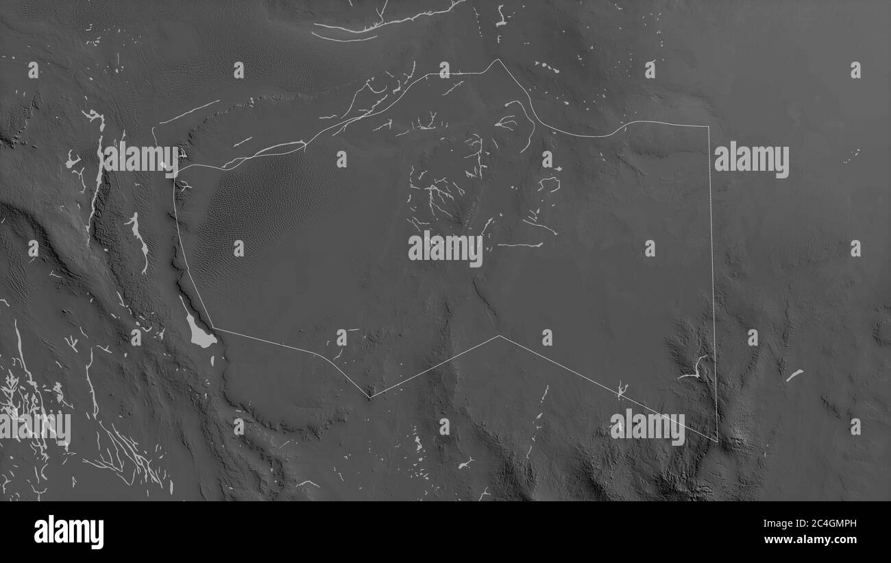 Murzuq, district of Libya. Grayscaled map with lakes and rivers. Shape ...