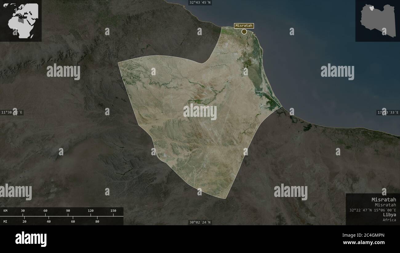 Misratah, district of Libya. Satellite imagery. Shape presented against ...