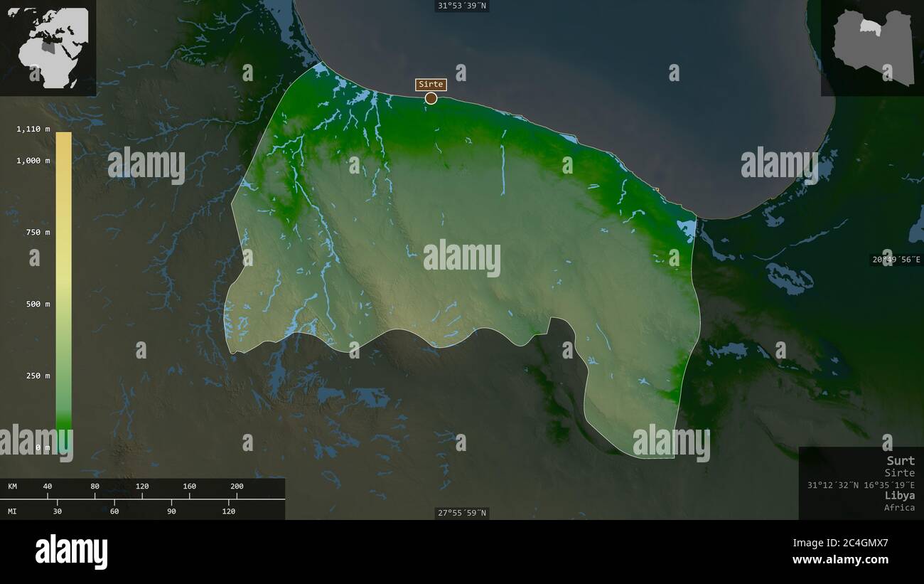 Surt, district of Libya. Colored shader data with lakes and rivers ...