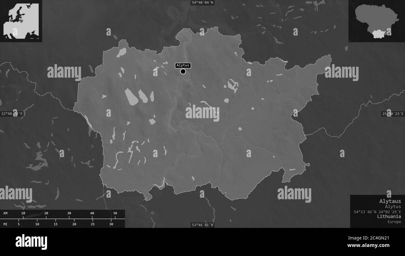 Alytaus, county of Lithuania. Grayscaled map with lakes and rivers ...