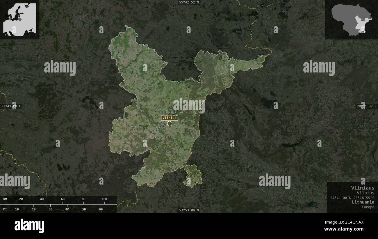 Vilniaus, county of Lithuania. Satellite imagery. Shape presented ...
