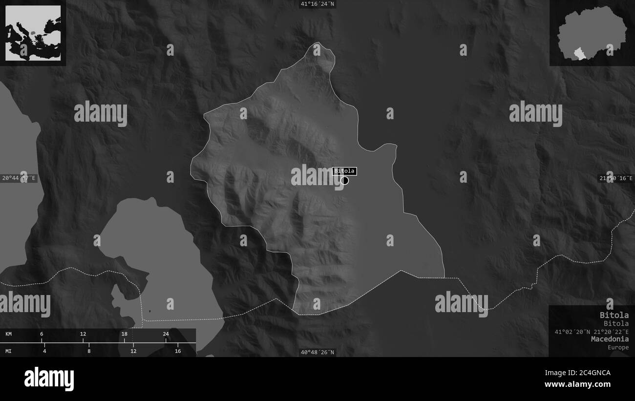 Bitola, municipality of Macedonia. Grayscaled map with lakes and rivers ...