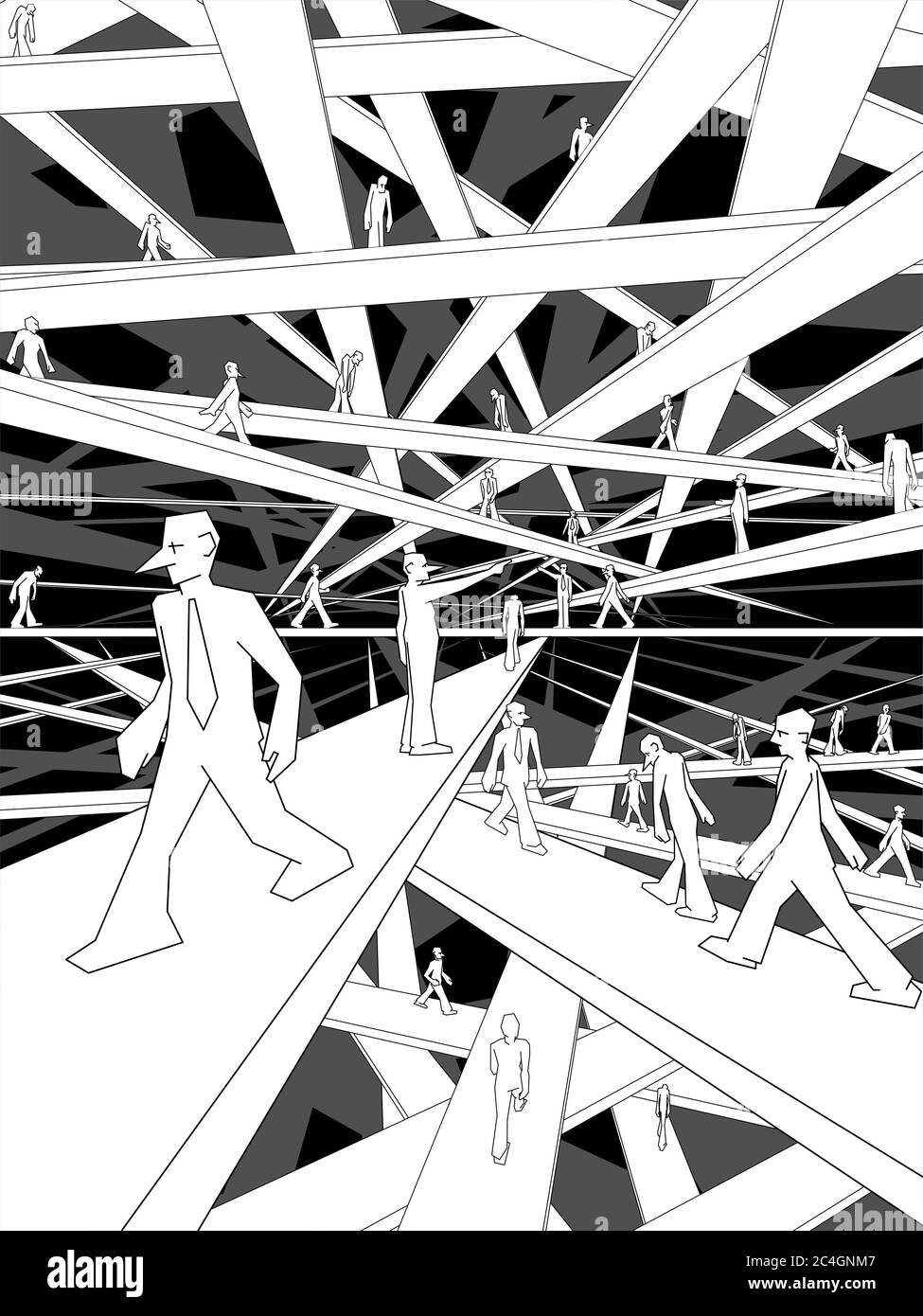 endless labyrinth or maze of bridges and confused businessmen searching ...