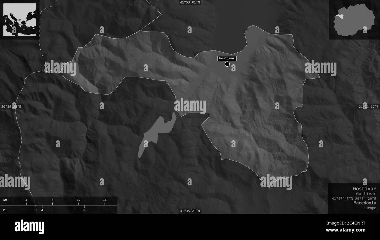 Gostivar, municipality of Macedonia. Grayscaled map with lakes and ...