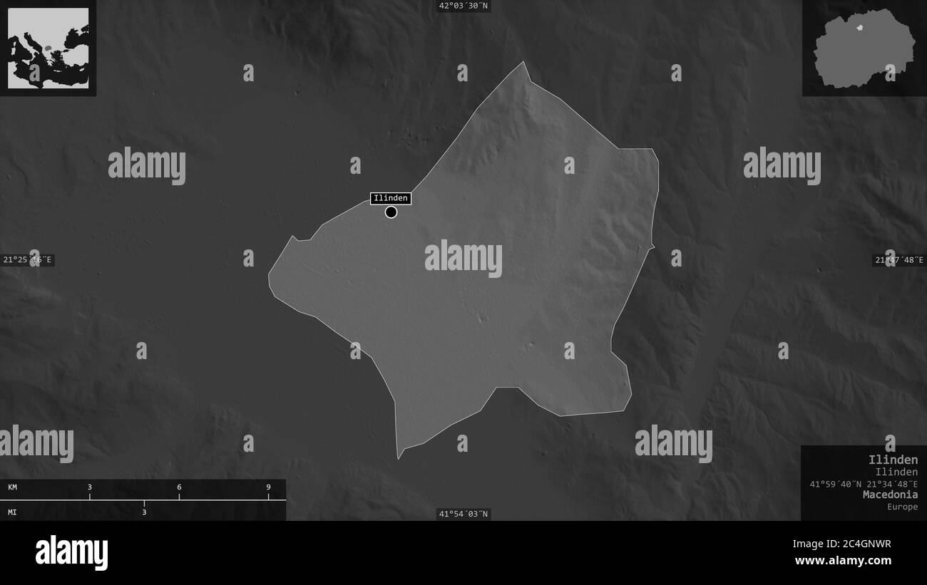 Ilinden, municipality of Macedonia. Grayscaled map with lakes and ...