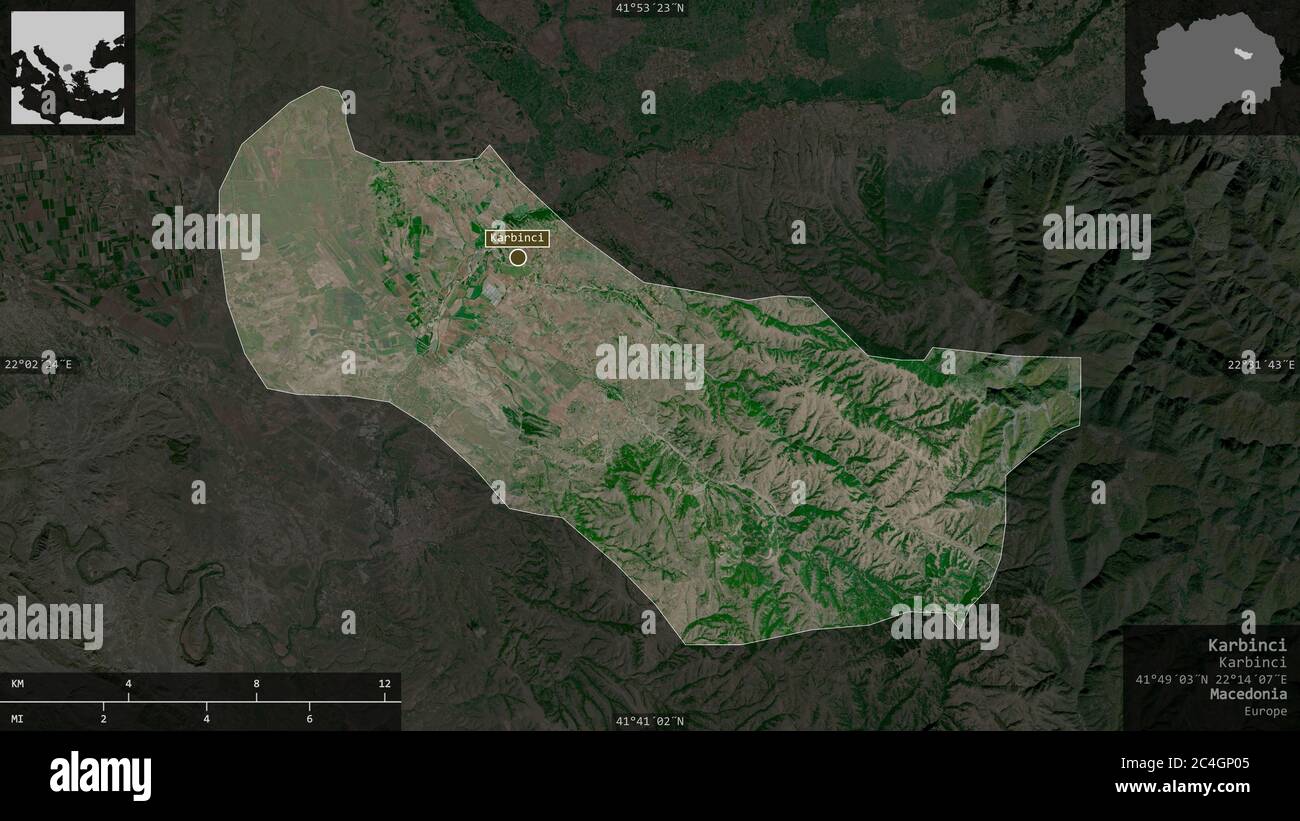 Karbinci, municipality of Macedonia. Satellite imagery. Shape presented ...