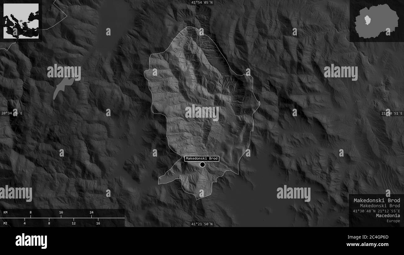 Makedonski Brod, municipality of Macedonia. Grayscaled map with lakes ...