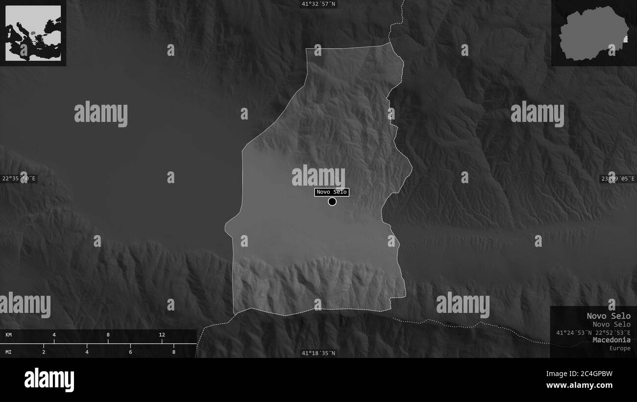 Novo Selo, municipality of Macedonia. Grayscaled map with lakes and ...