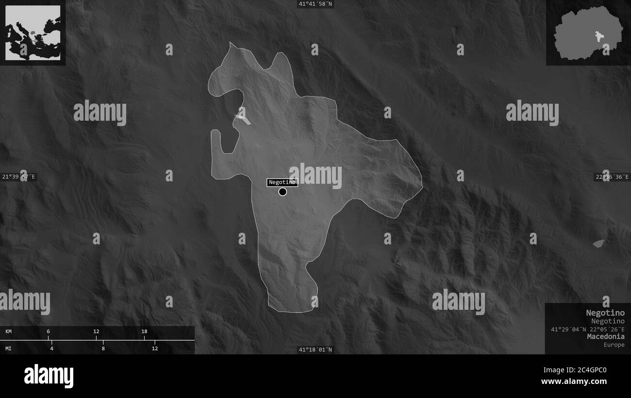 Negotino, municipality of Macedonia. Grayscaled map with lakes and ...