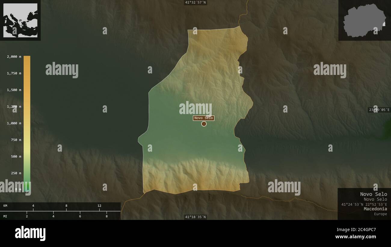 Novo Selo, municipality of Macedonia. Colored shader data with lakes ...