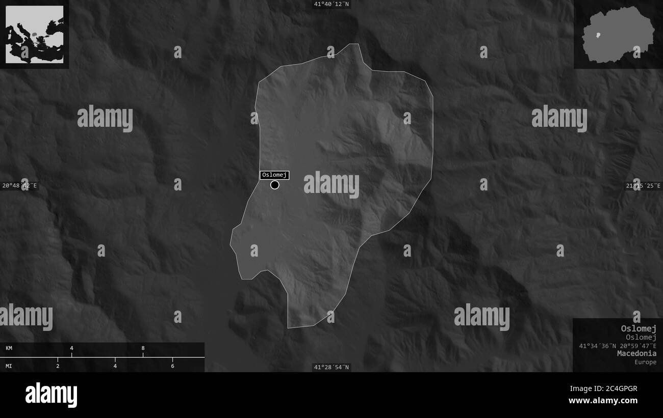 Oslomej, municipality of Macedonia. Grayscaled map with lakes and ...