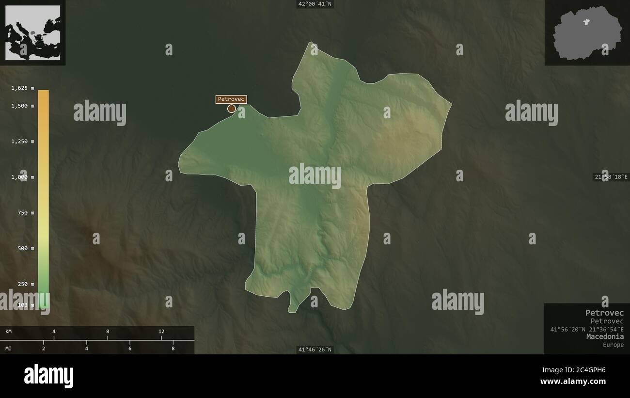 Petrovec, municipality of Macedonia. Colored shader data with lakes and ...