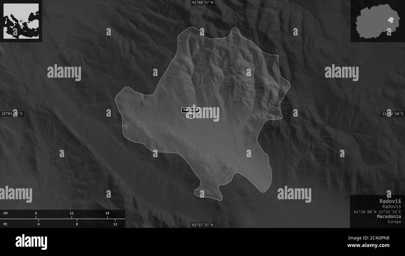 Radoviš, municipality of Macedonia. Grayscaled map with lakes and ...