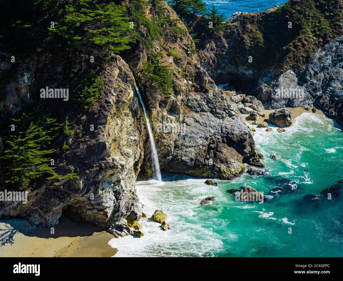 Aerial view of Water Fall McWay Falls Julia Pfeiffer Burns Big Sur ...