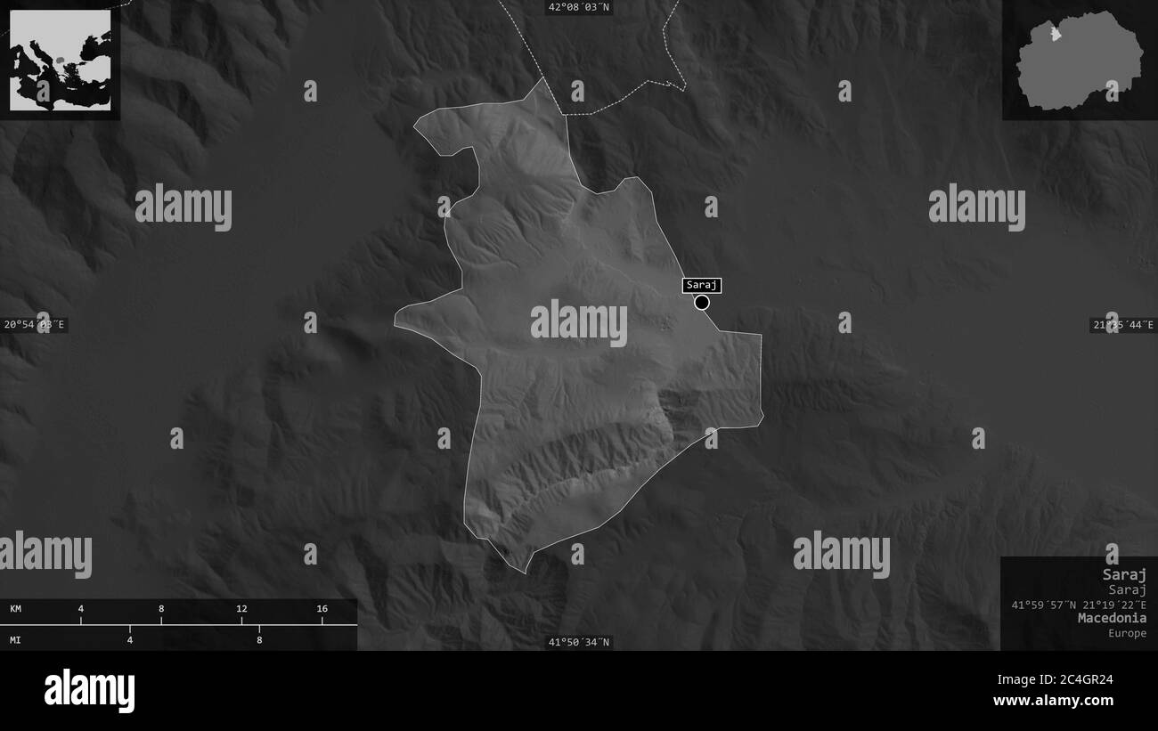 Saraj, municipality of Macedonia. Grayscaled map with lakes and rivers ...