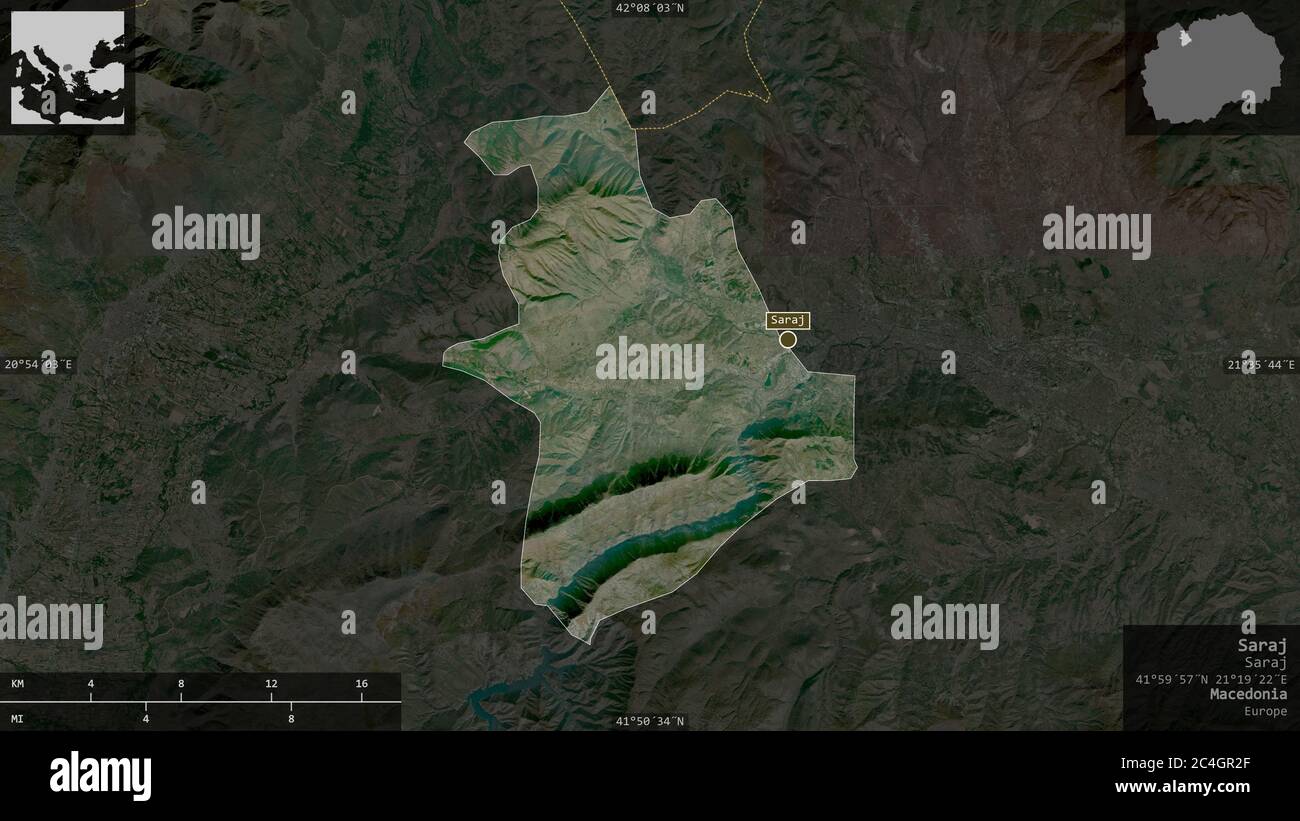 Saraj, municipality of Macedonia. Satellite imagery. Shape presented ...