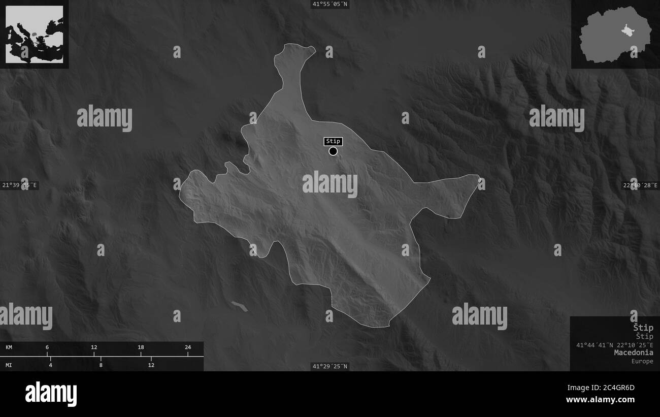 Štip, municipality of Macedonia. Grayscaled map with lakes and rivers ...