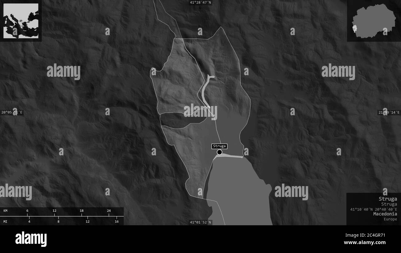 Struga, municipality of Macedonia. Grayscaled map with lakes and rivers ...