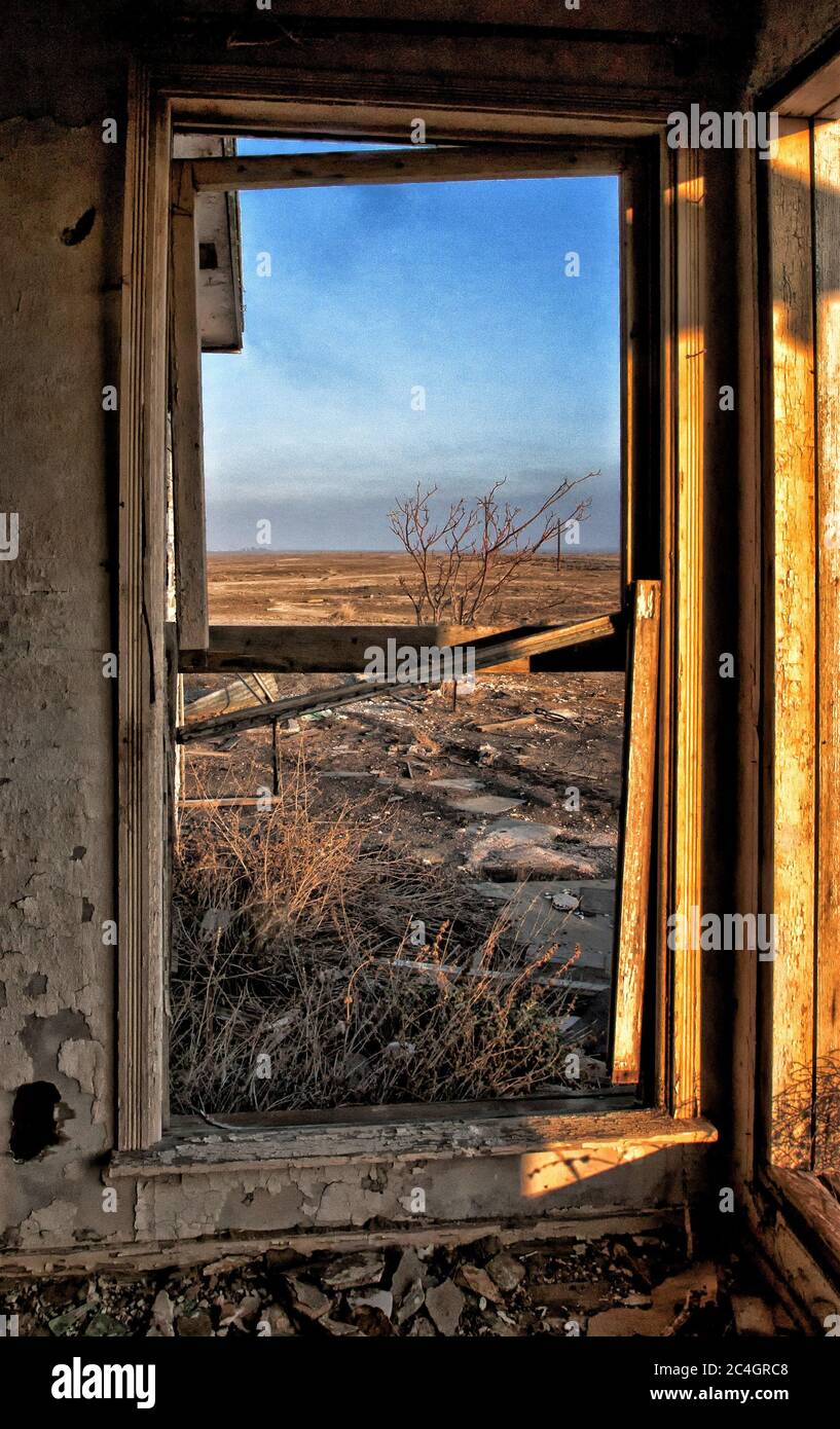 Scene of California valley viewed through empty window frame of an ...