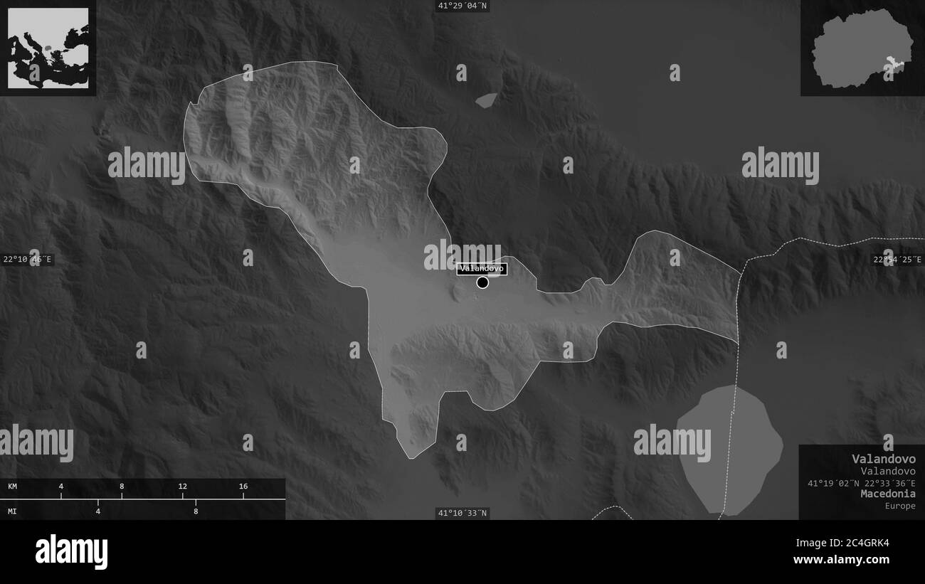 Valandovo, municipality of Macedonia. Grayscaled map with lakes and ...
