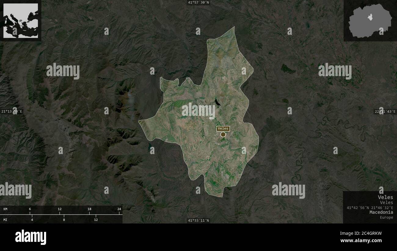 Veles, municipality of Macedonia. Satellite imagery. Shape presented ...