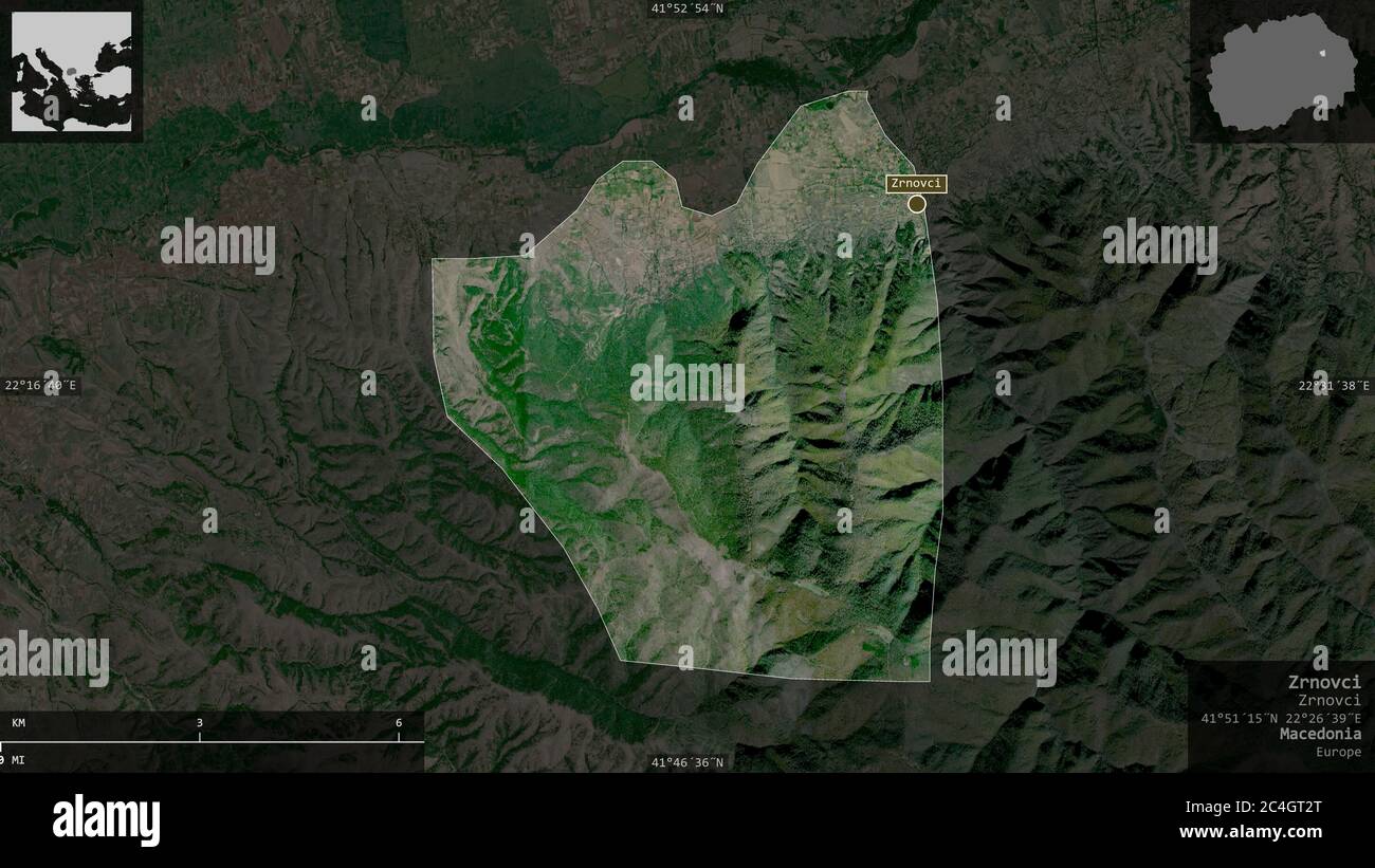 Zrnovci, municipality of Macedonia. Satellite imagery. Shape presented ...