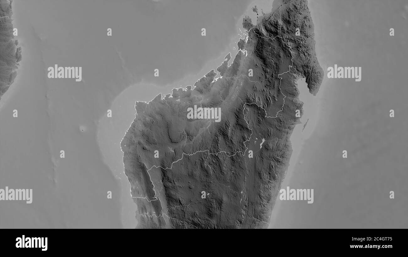 Mahajanga, autonomous province of Madagascar. Grayscaled map with lakes ...