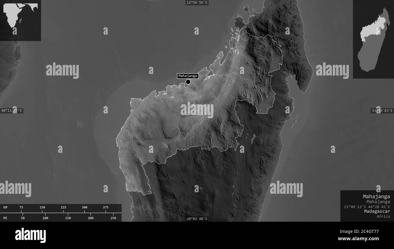Mahajanga, autonomous province of Madagascar. Grayscaled map with lakes ...