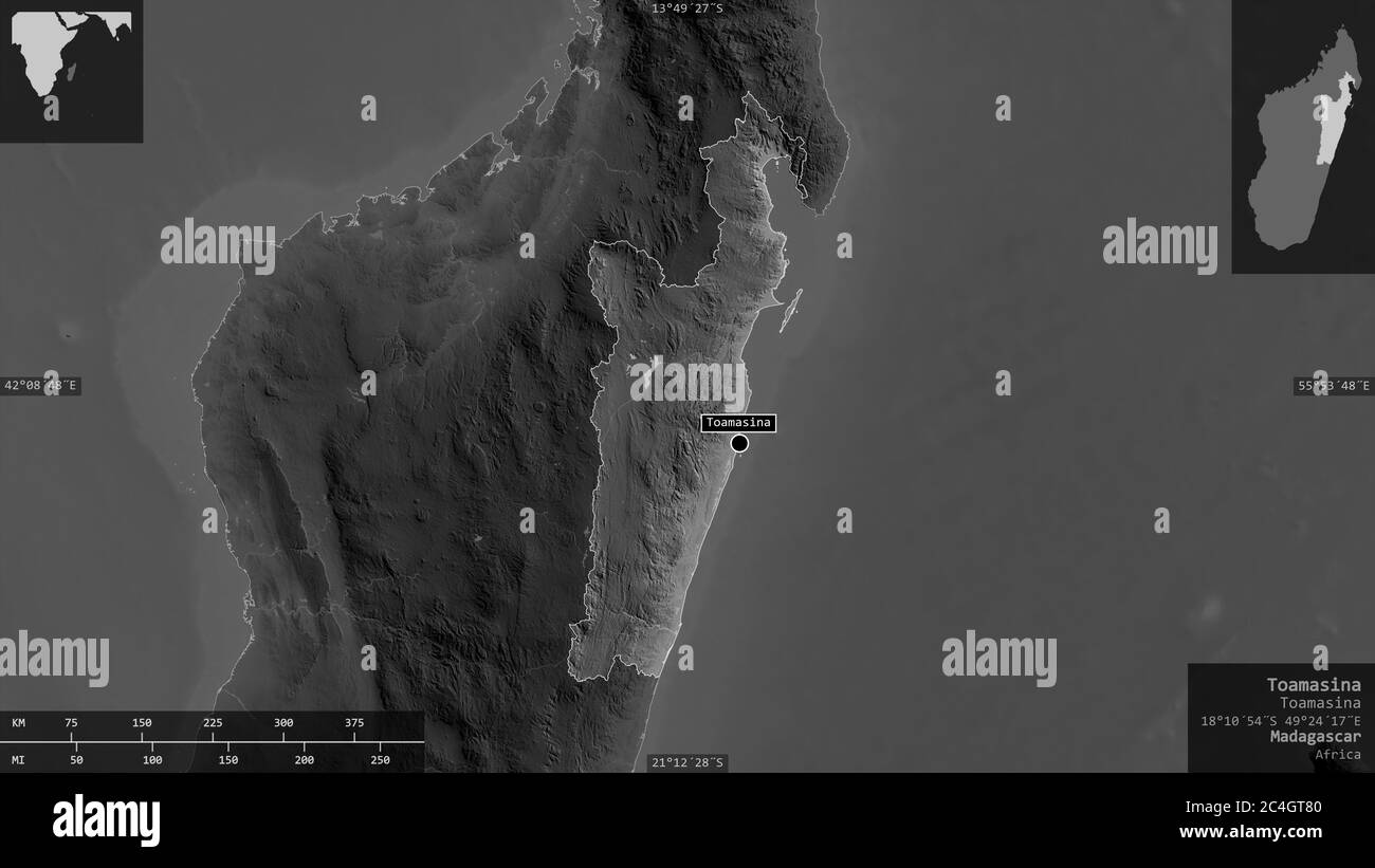 Toamasina, autonomous province of Madagascar. Grayscaled map with lakes ...