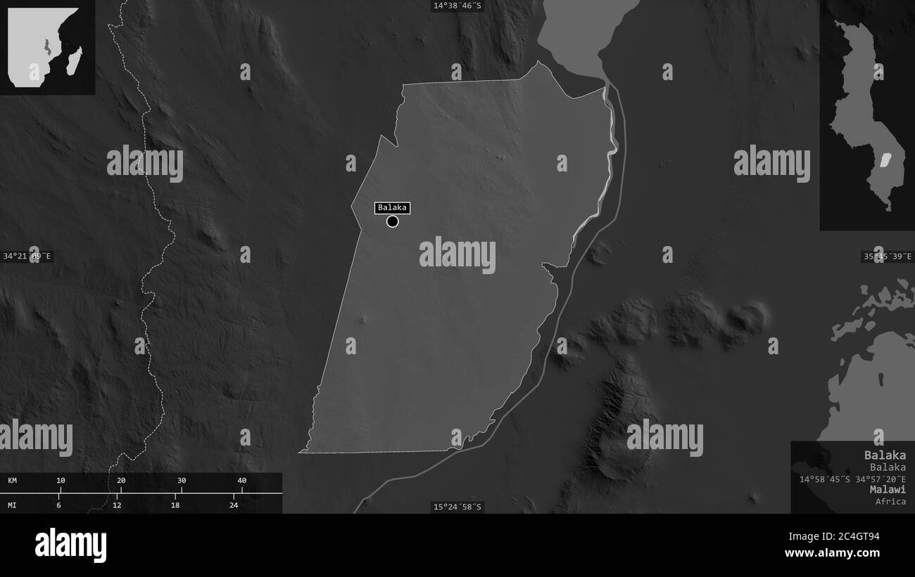 Balaka, district of Malawi. Grayscaled map with lakes and rivers. Shape ...