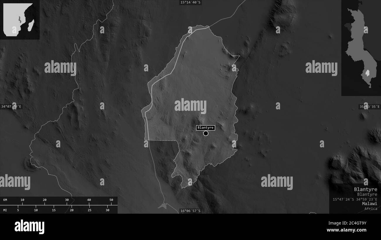 Blantyre, district of Malawi. Grayscaled map with lakes and rivers ...