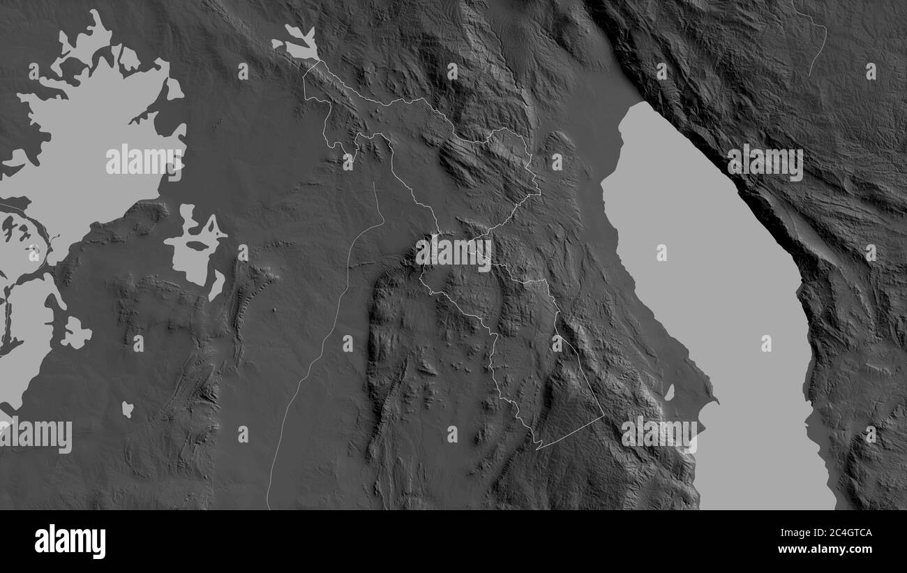 Chitipa, district of Malawi. Grayscaled map with lakes and rivers ...