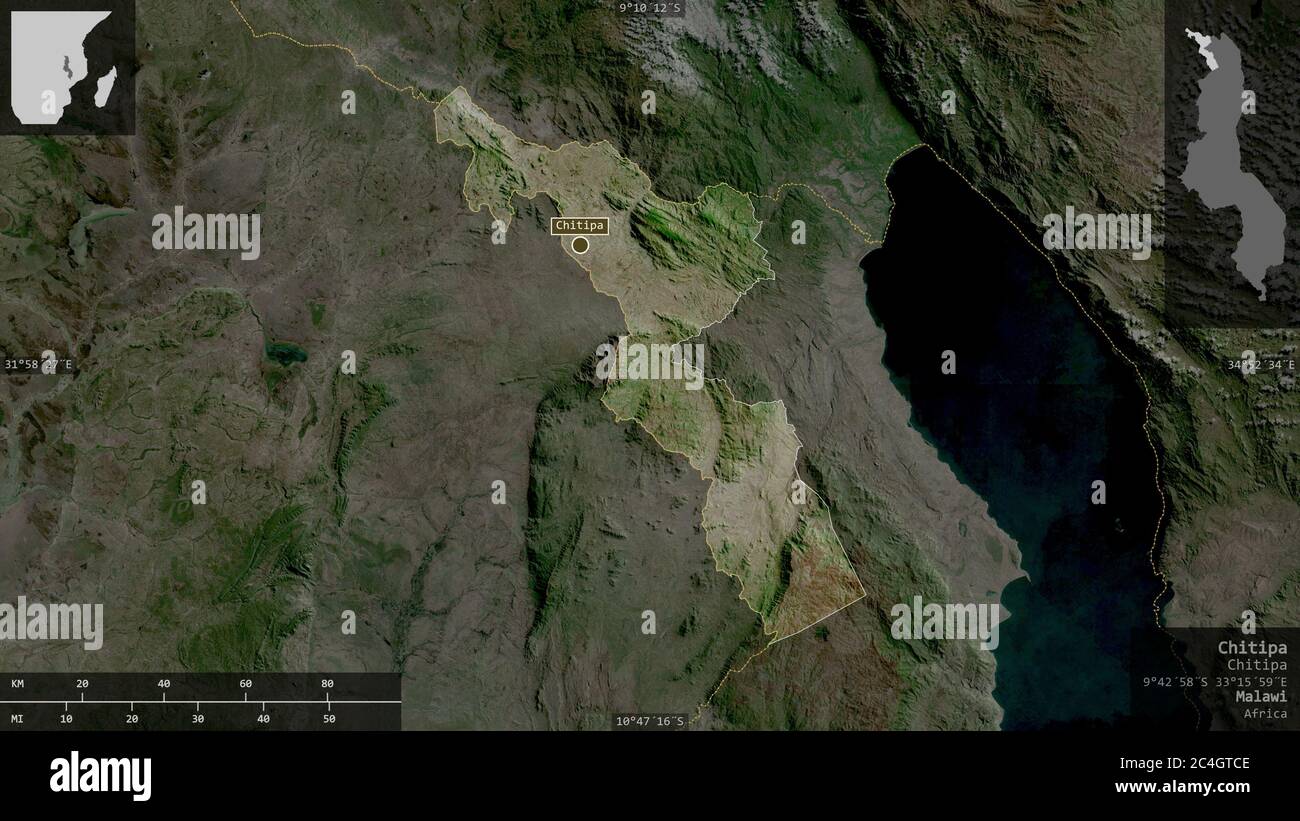 Chitipa, district of Malawi. Satellite imagery. Shape presented against ...