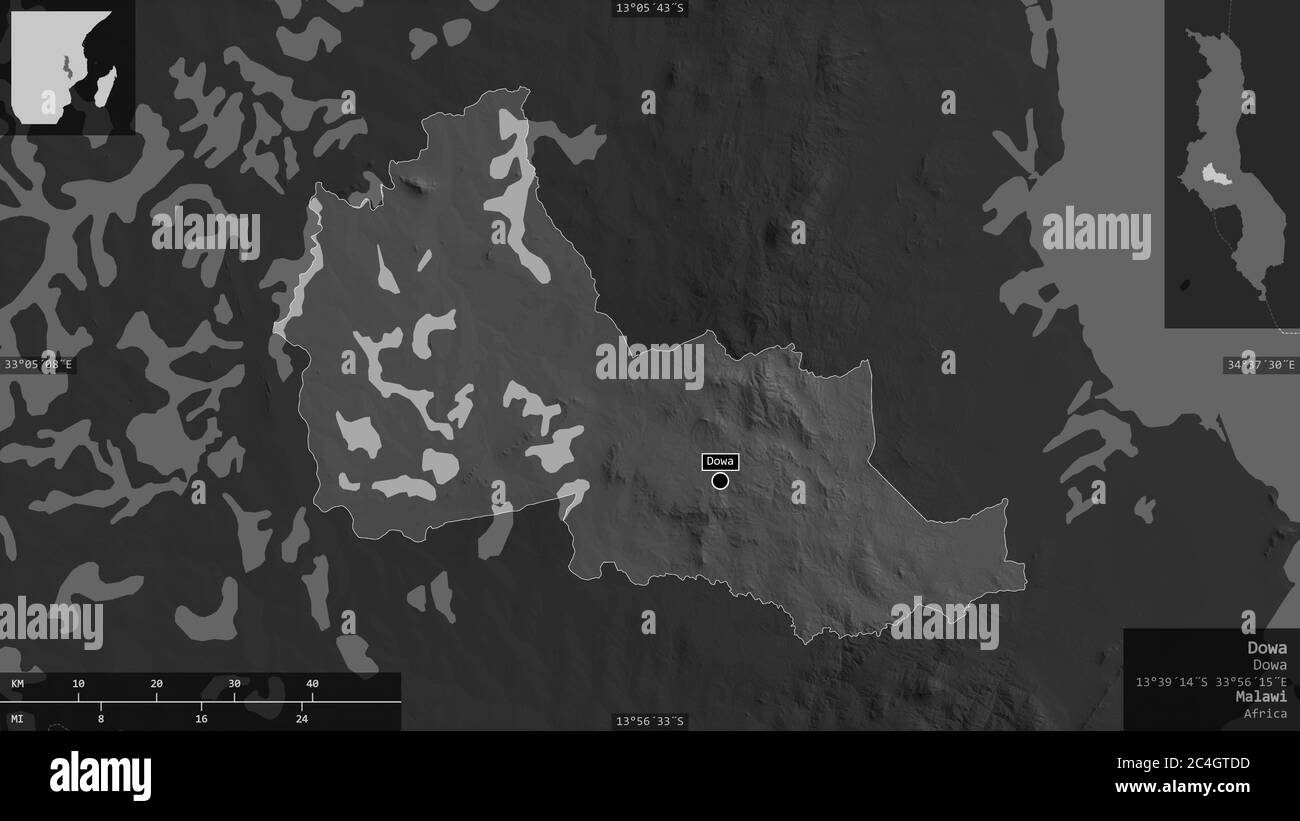 Dowa, district of Malawi. Grayscaled map with lakes and rivers. Shape ...
