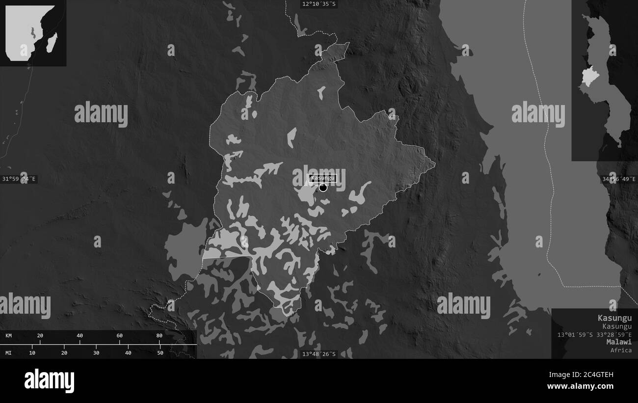 Kasungu, district of Malawi. Grayscaled map with lakes and rivers ...