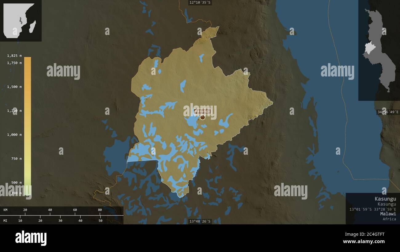 Kasungu, district of Malawi. Colored shader data with lakes and rivers ...