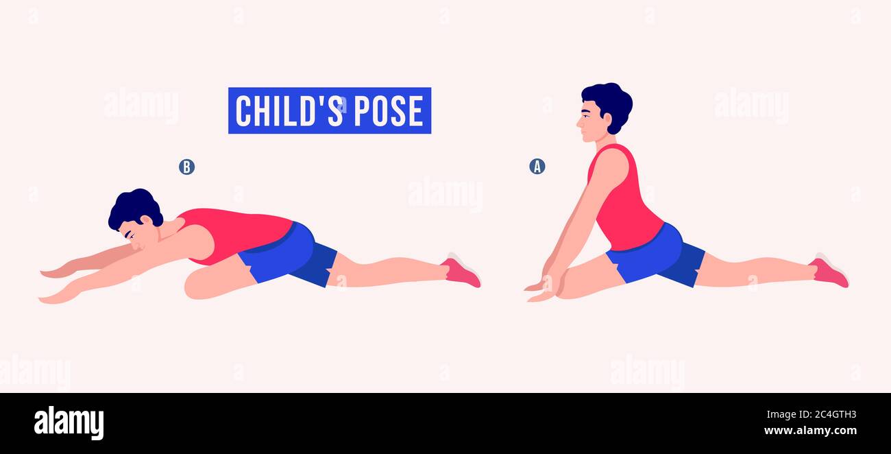 Men doing CHILD'S POSE exercise, Men workout fitness, aerobic and ...